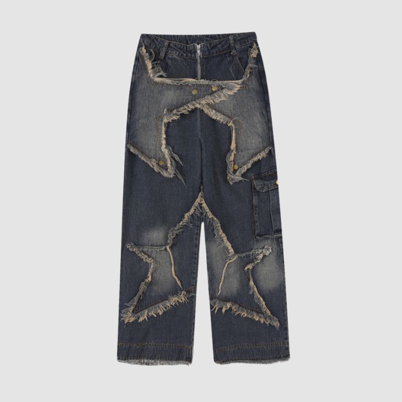 Star Pattern Frayed Patchwork Jeans – OLUOLIN
