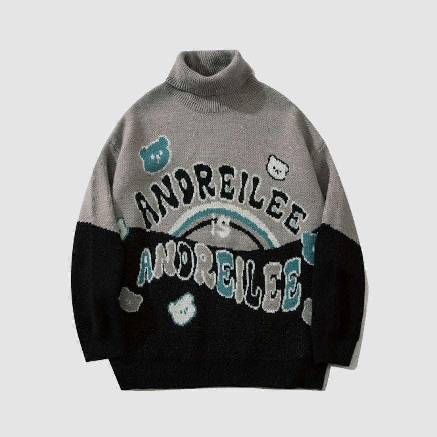 Rainbow & Bear Pattern Turtleneck Sweater – OLUOLIN